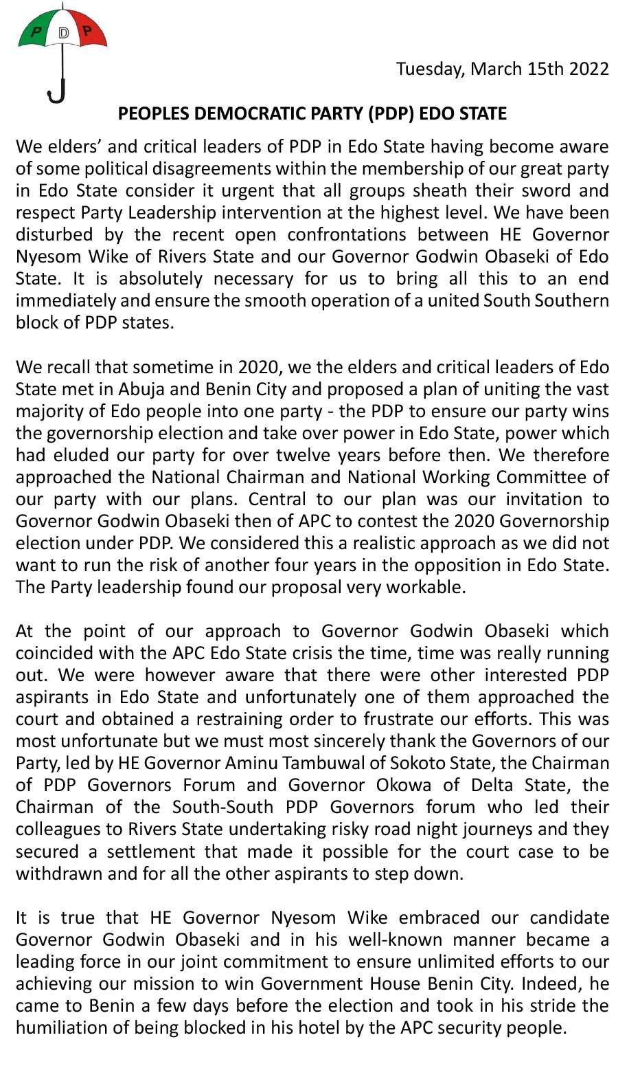 PEOPLES DEMOCRATIC PARTY (PDP) EDO STATE – HIGH CHIEF TOM IKIMI